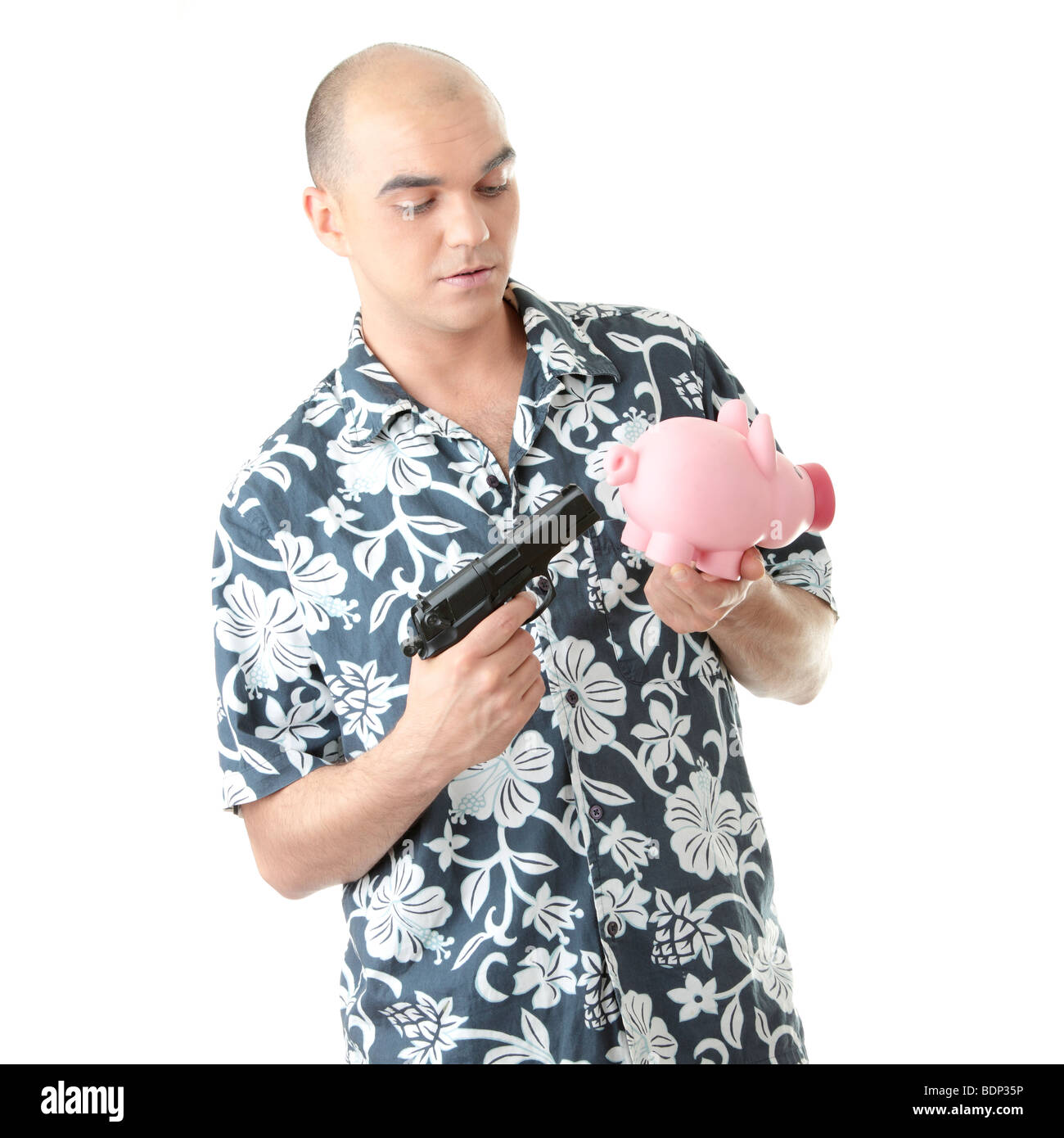 Man with gun pointing at piggy bank isolated on white Stock Photo - Alamy