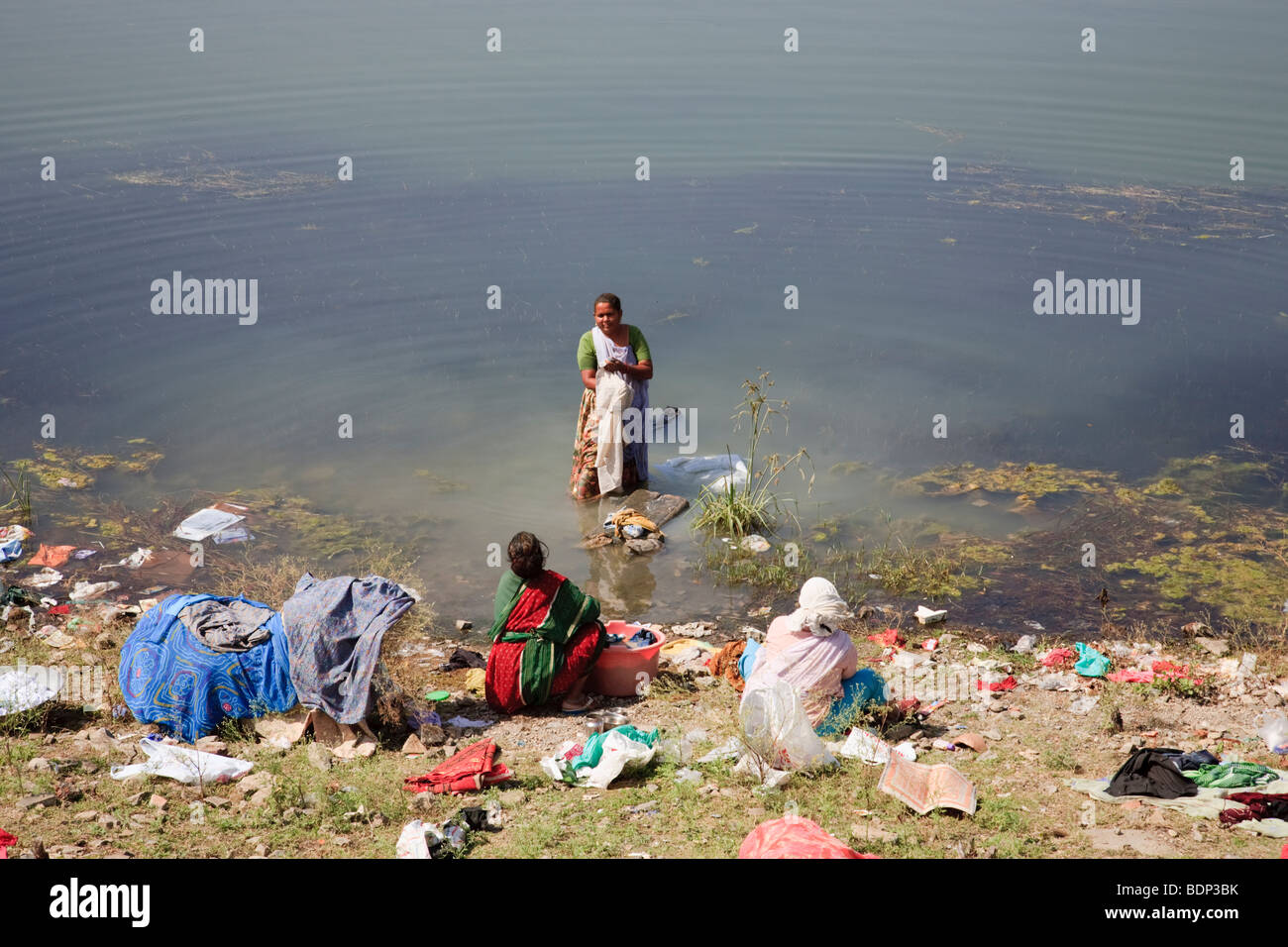 Indian women washing clothes in the lake at Udiapur, India Stock Photo ...