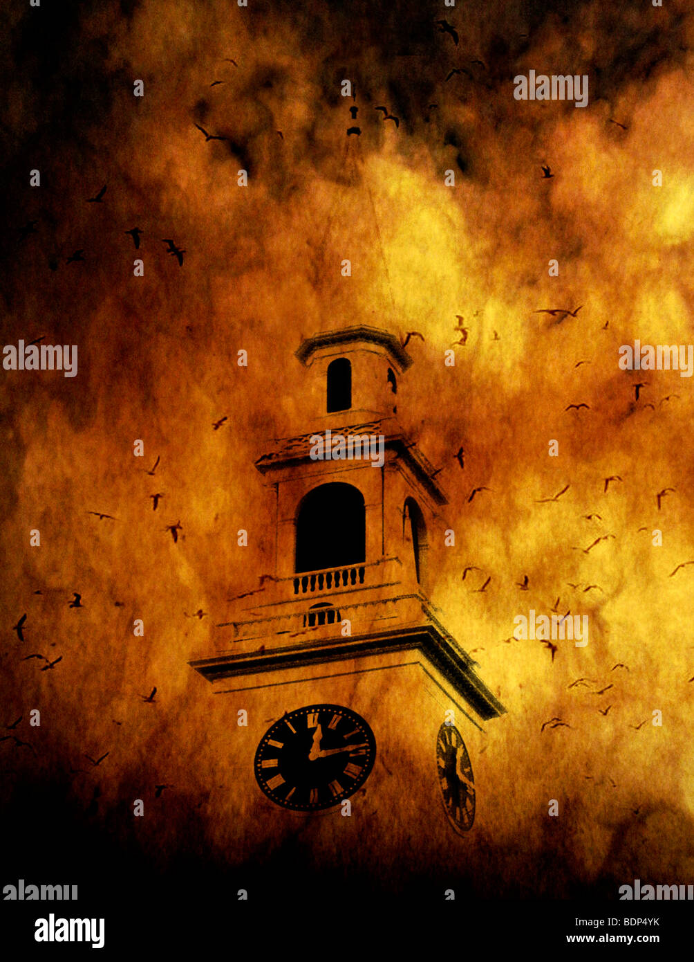 A church tower with clock face and birds Stock Photo - Alamy