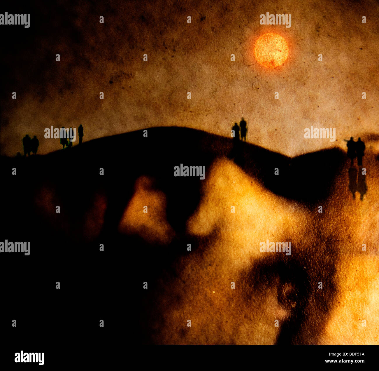 A conceptual image of a face appearing like a landscape with small ...