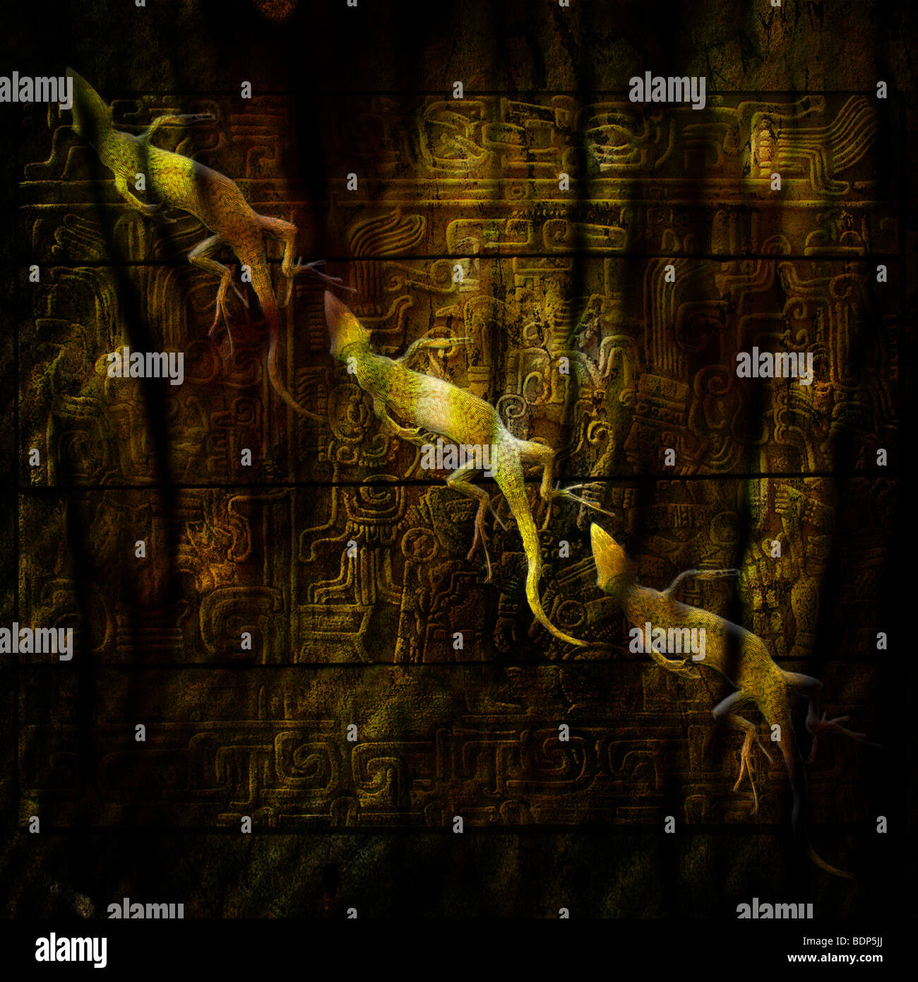 A line of lizards moves across a Pre-Columbian Mayan tablet Stock Photo ...