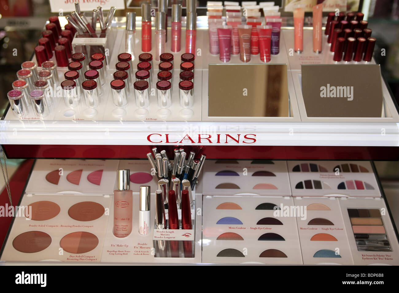 Clarins Cosmetics counter in a store Stock Photo - Alamy