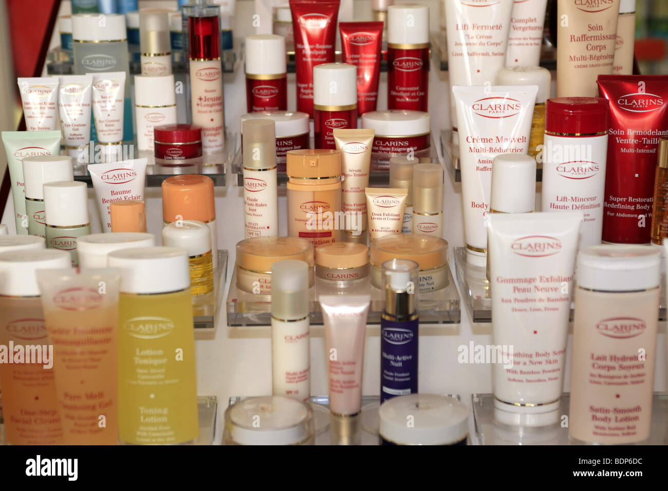 Clarins Cosmetics counter in a store Stock Photo - Alamy