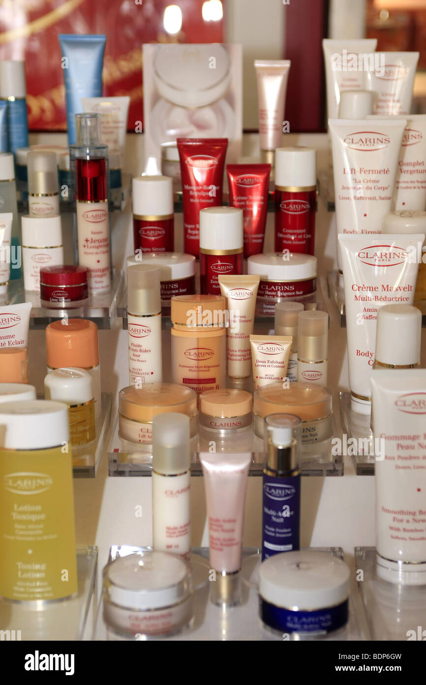 Clarins Cosmetics counter in a store Stock Photo - Alamy