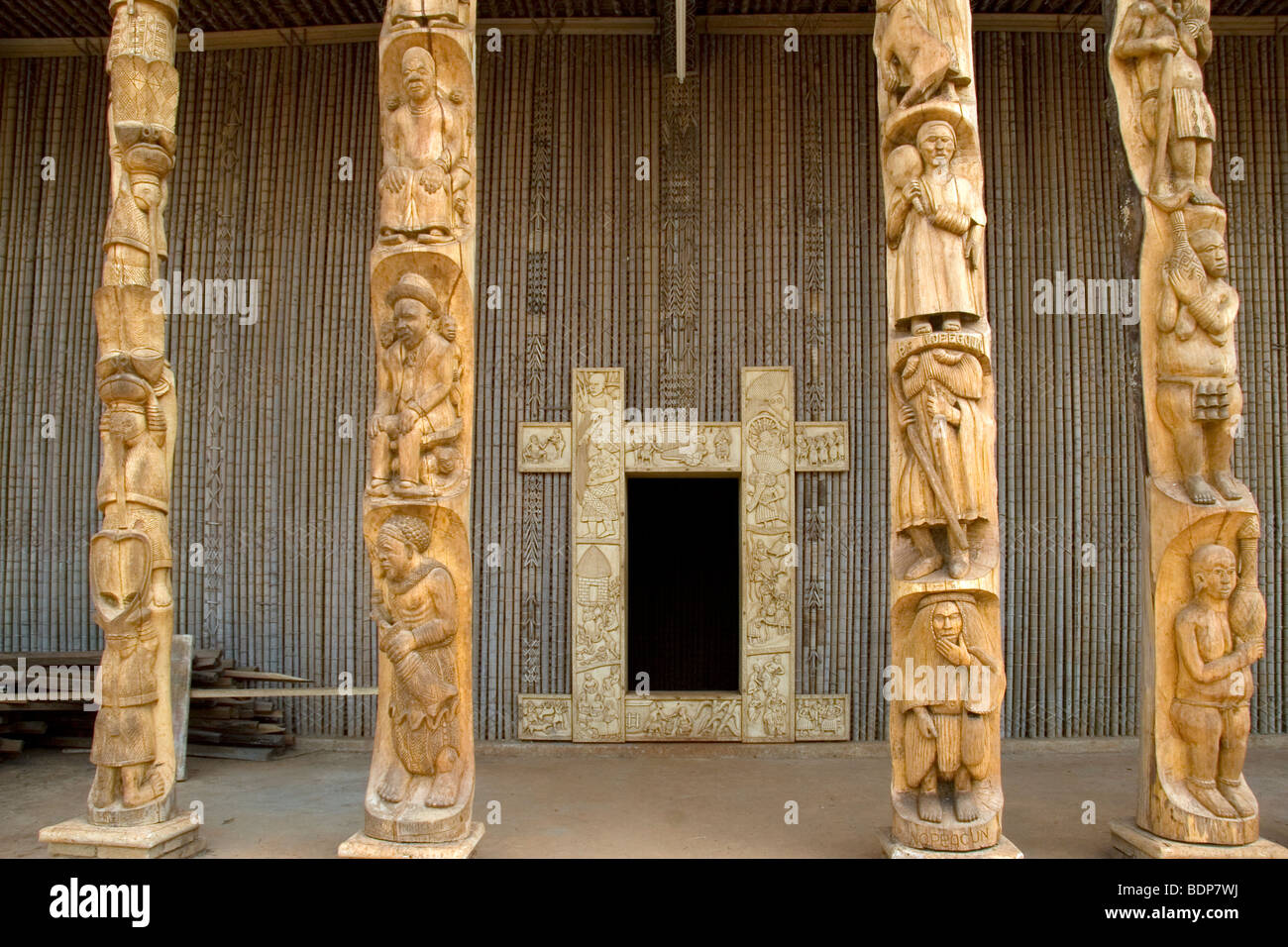 Carved columns and doorway of main reception hall of chief's palace of ...