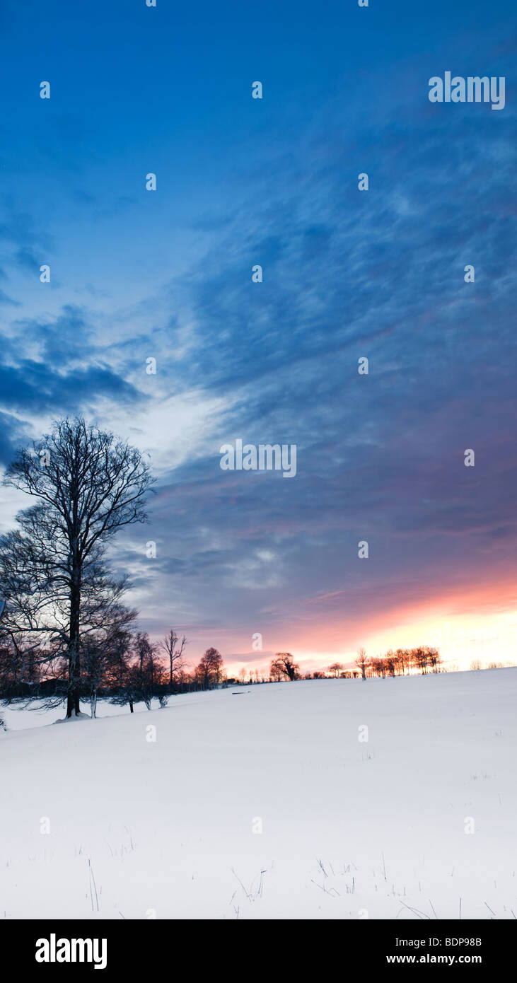 Upright panoramic view of snow scene and sunset, taken from Cotswold ...