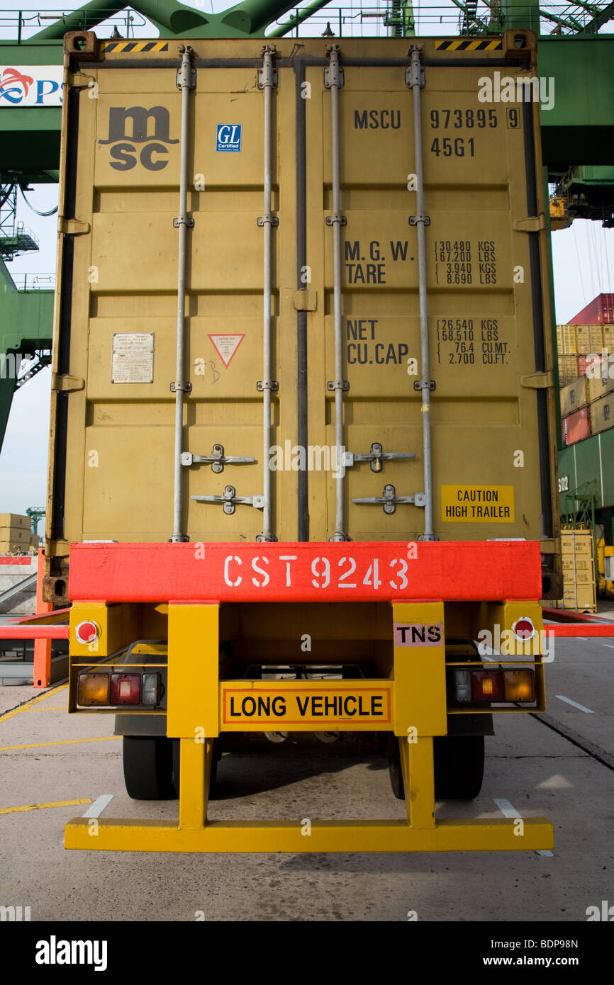 MSC Container box teu teus boxes truck crane lift Stock Photo - Alamy