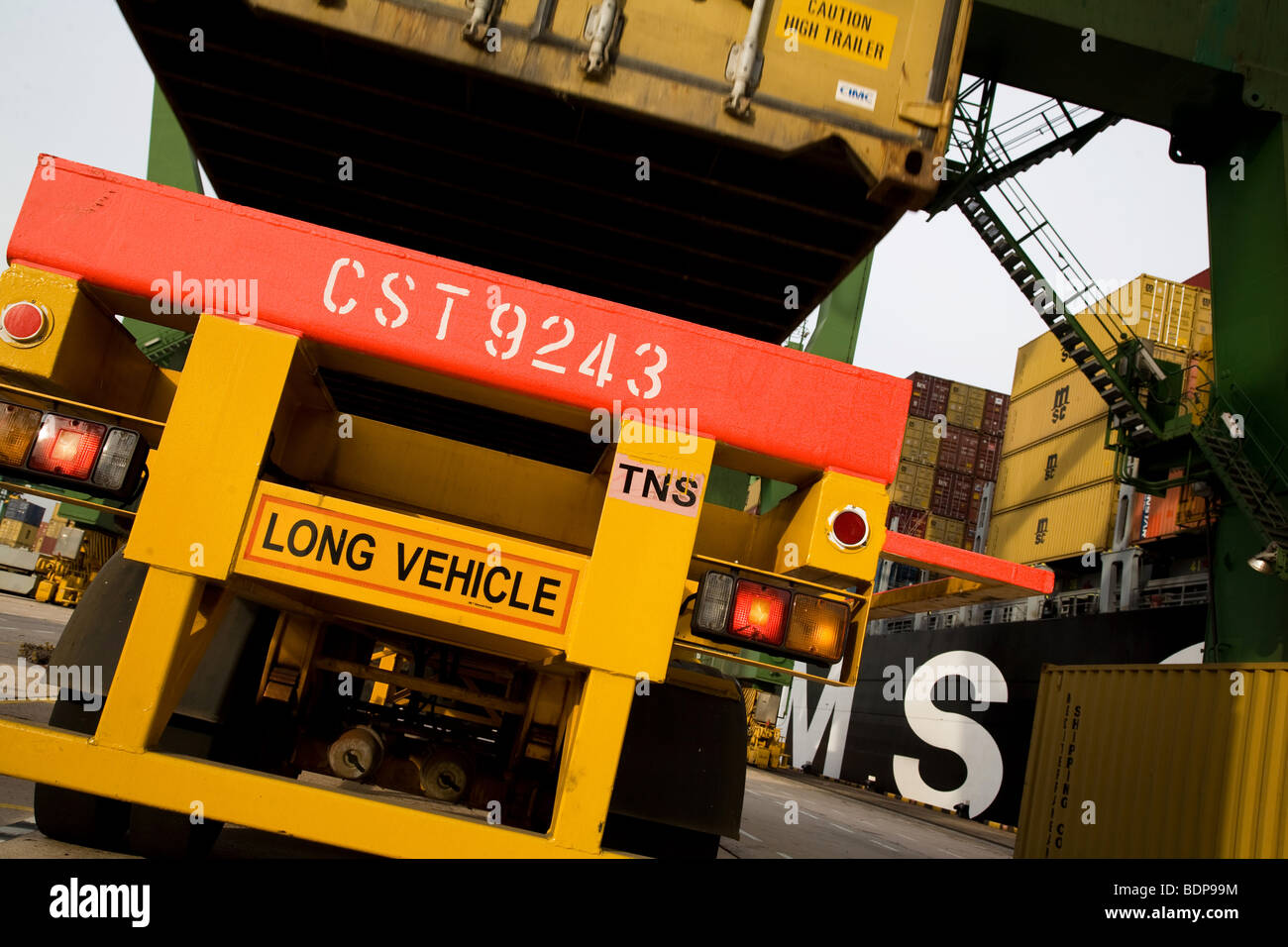 MSC Container box teu teus boxes truck crane lift Stock Photo - Alamy