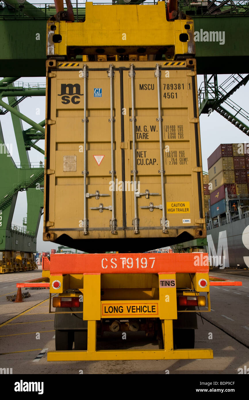 MSC Container box teu teus boxes truck crane lift Stock Photo - Alamy