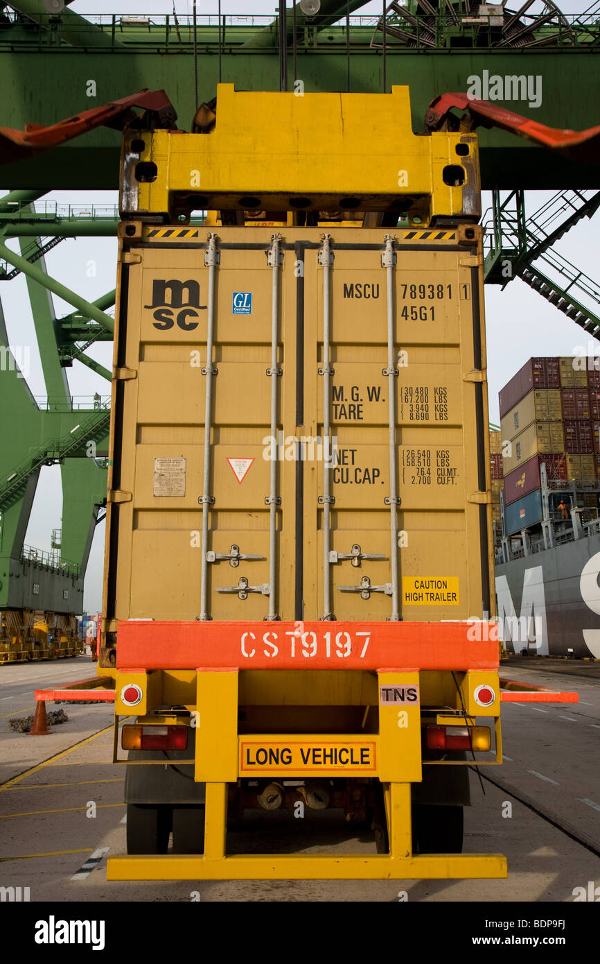 MSC Container box teu teus boxes truck crane lift Stock Photo - Alamy