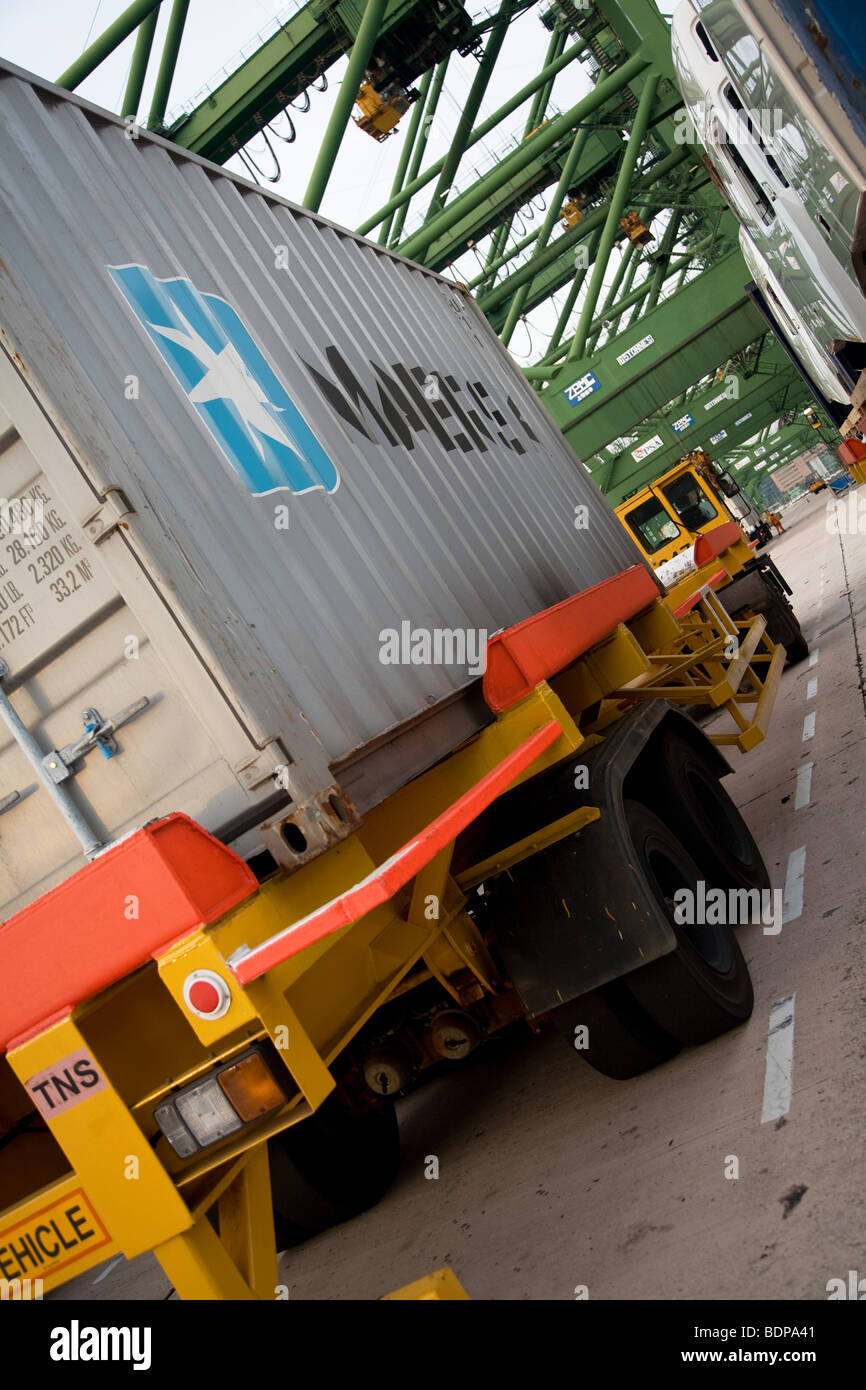 Maersk teu container truck quayside long vehicle Stock Photo - Alamy