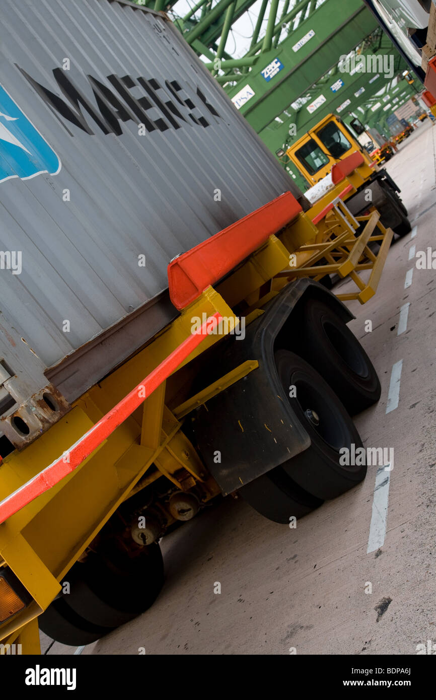 Maersk teu container truck quayside long vehicle Stock Photo - Alamy