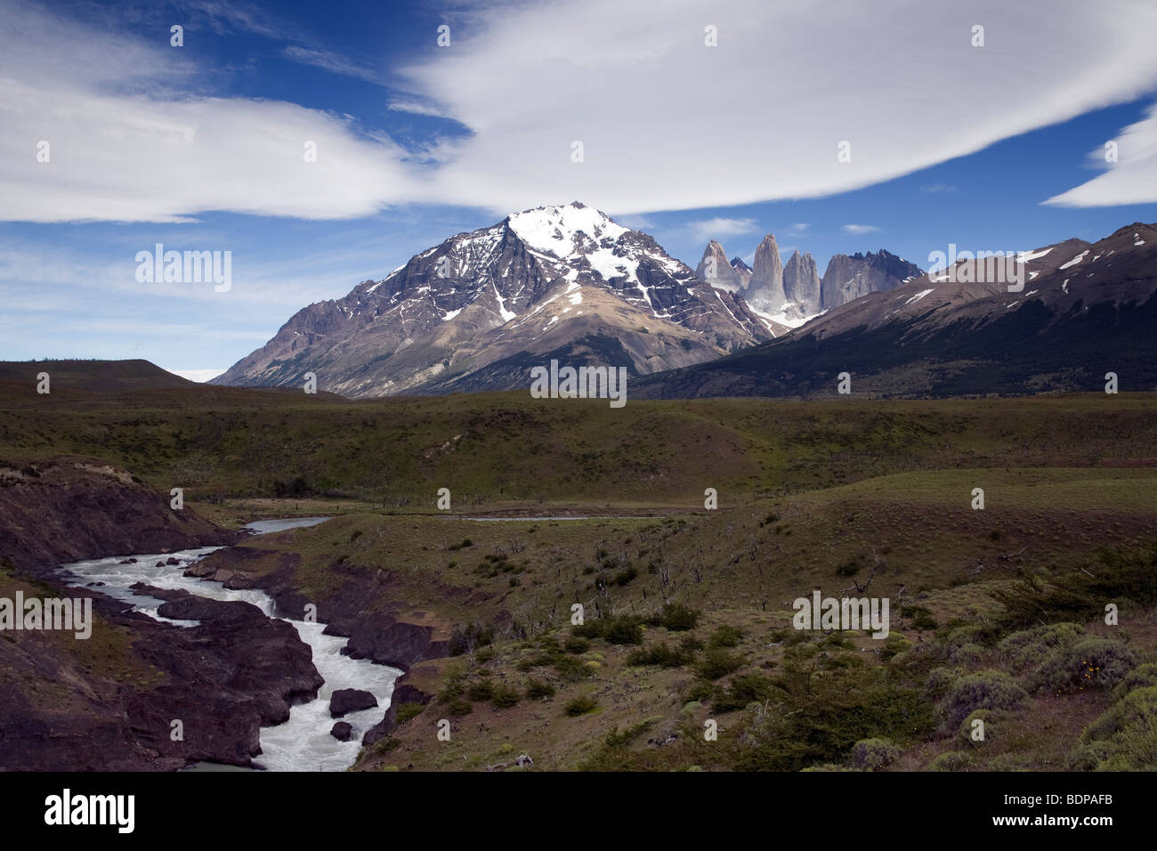 View to the towers of Torres del Paine National Park, Chile Stock Photo ...