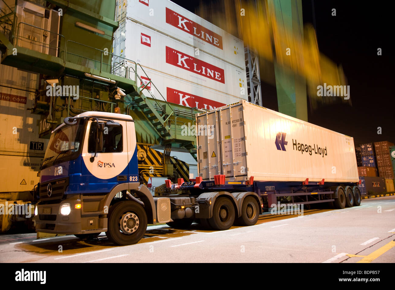 Hapag lloyd k line containers box boxes night stacking Stock Photo - Alamy