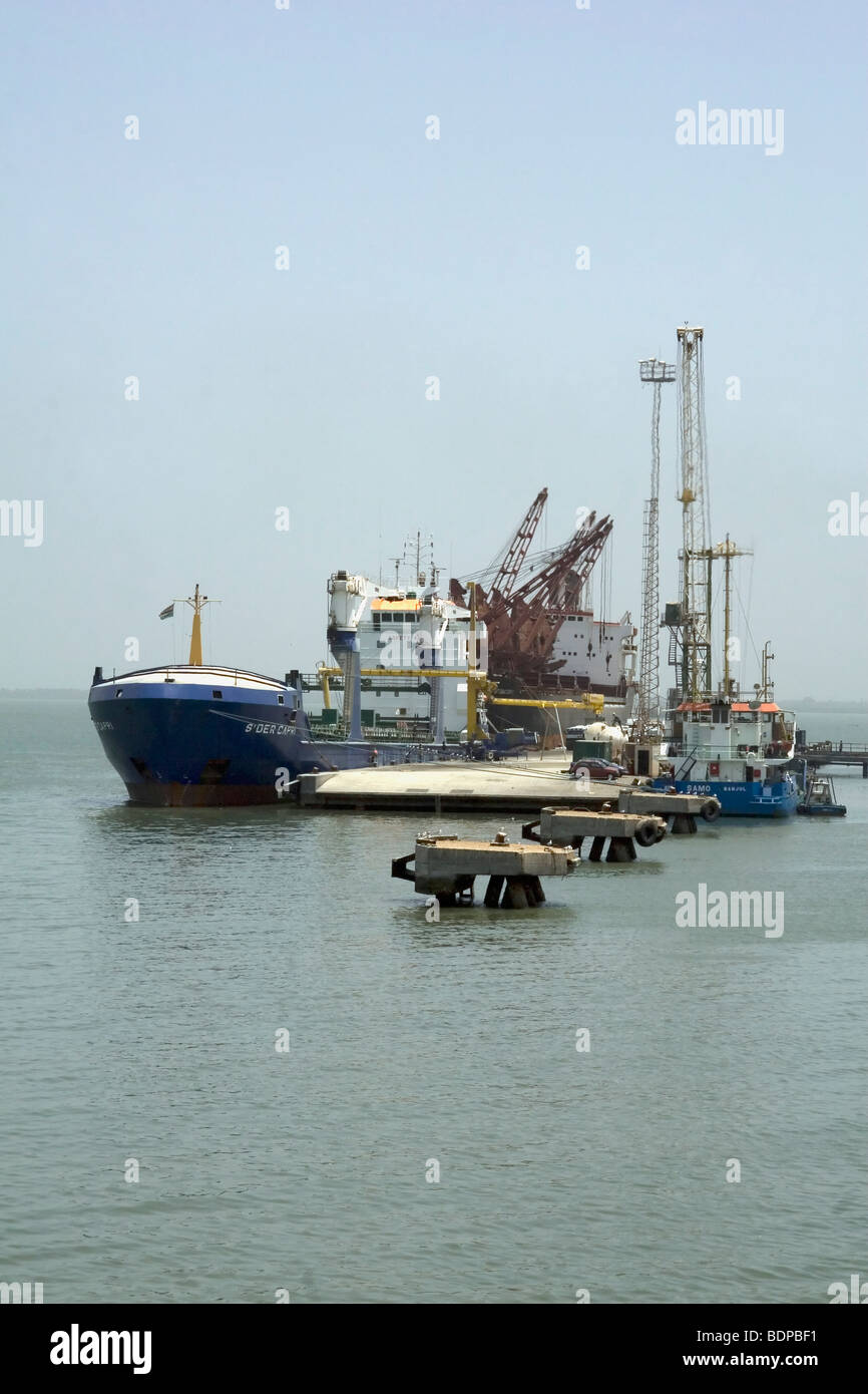 Docks at Banjul Gambia West Africa with ships loading and unloading ...