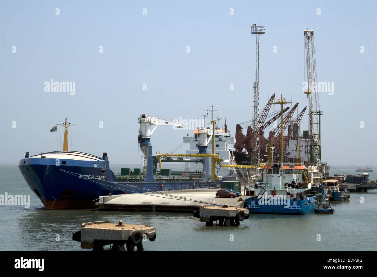 Docks at Banjul Gambia West Africa with ships loading and unloading ...
