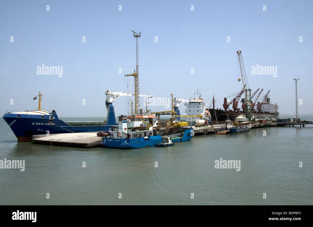 Docks at Banjul Gambia West Africa with ships loading and unloading ...