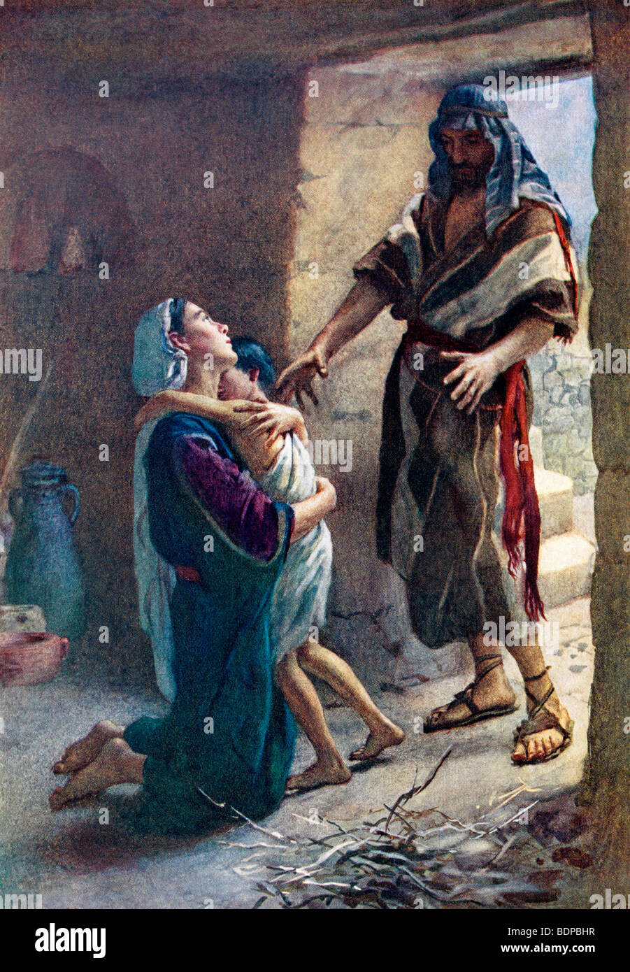 Painting of The Widow of Zarephath depicted holding her sick son with ...