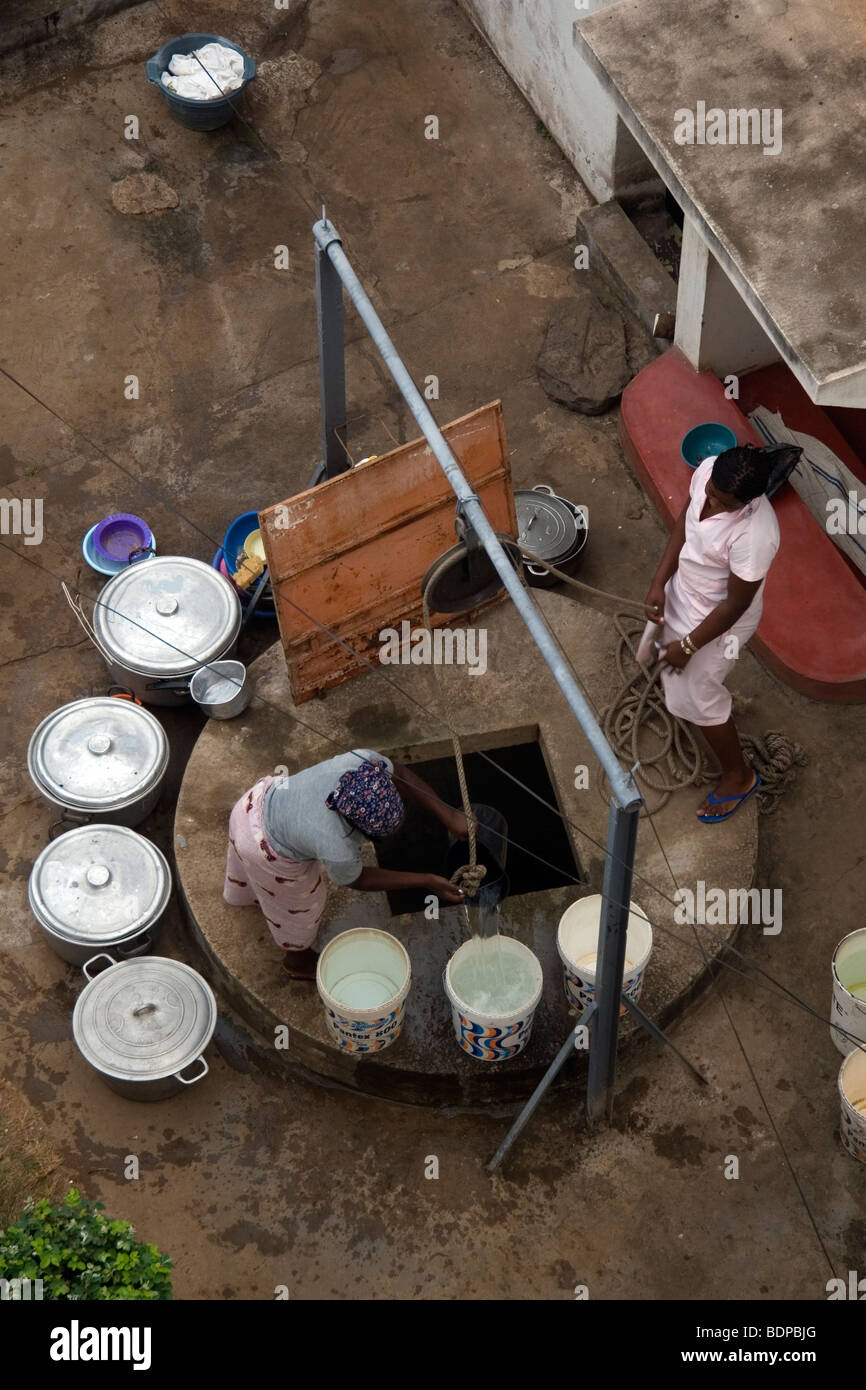 Women drawing water from well and pouring into containers for washing ...