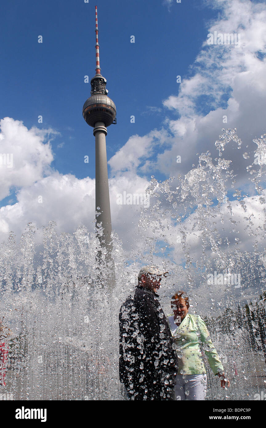 Water fountain at Alexanderplatz, and TV Tower, Berlin, Germany Stock ...