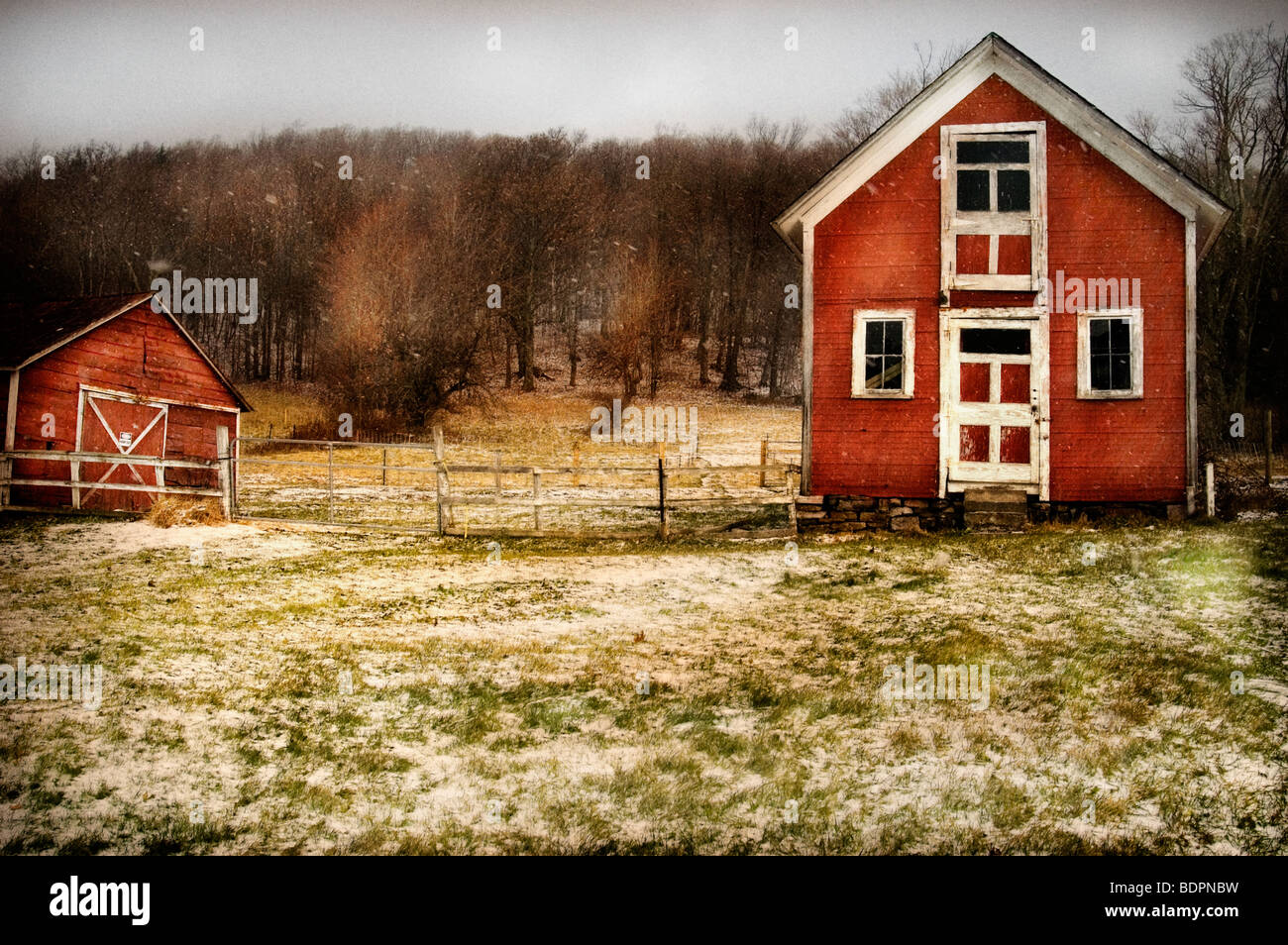 A red building on a farm in usa with woods in the distance Stock Photo ...
