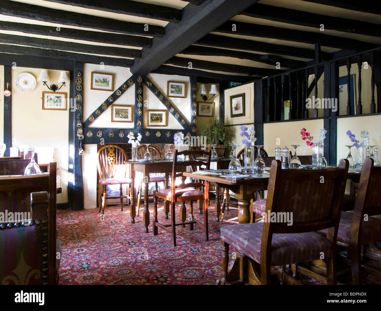 View of the timber framed dining room at the swan inn pub at ...