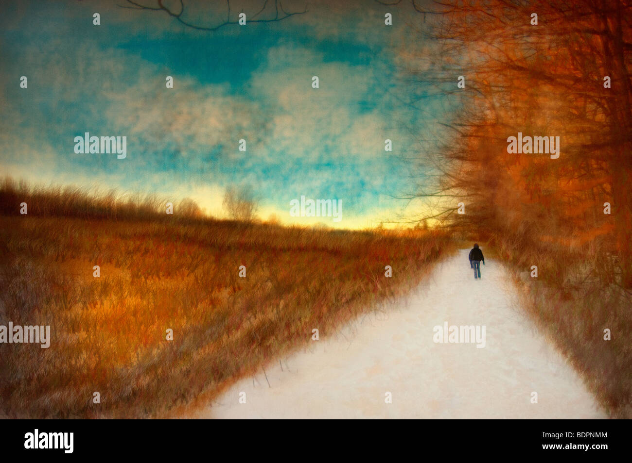 A figure walking along a small road in the countryside Stock Photo - Alamy