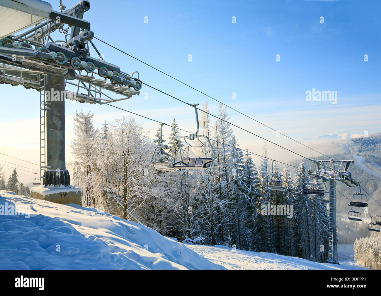 winter morning mountain landscape with ski lift and skiing slope Stock ...