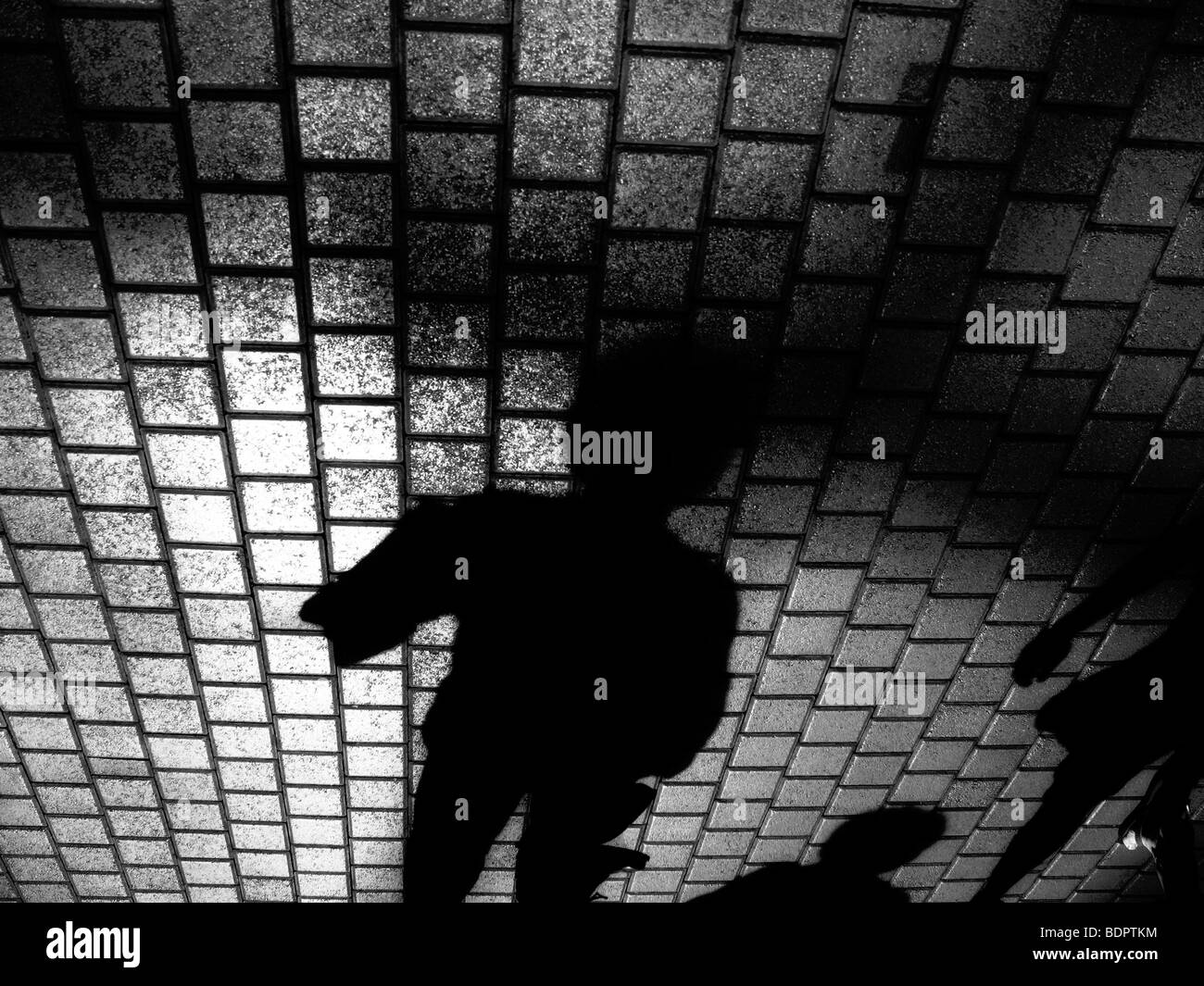 The dark shadow of a figure walking along a cobbled street Stock Photo ...