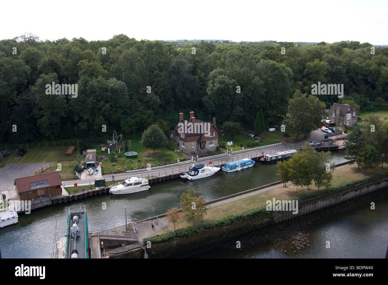 sunny aerial view lock island moored boats river medway allington ...