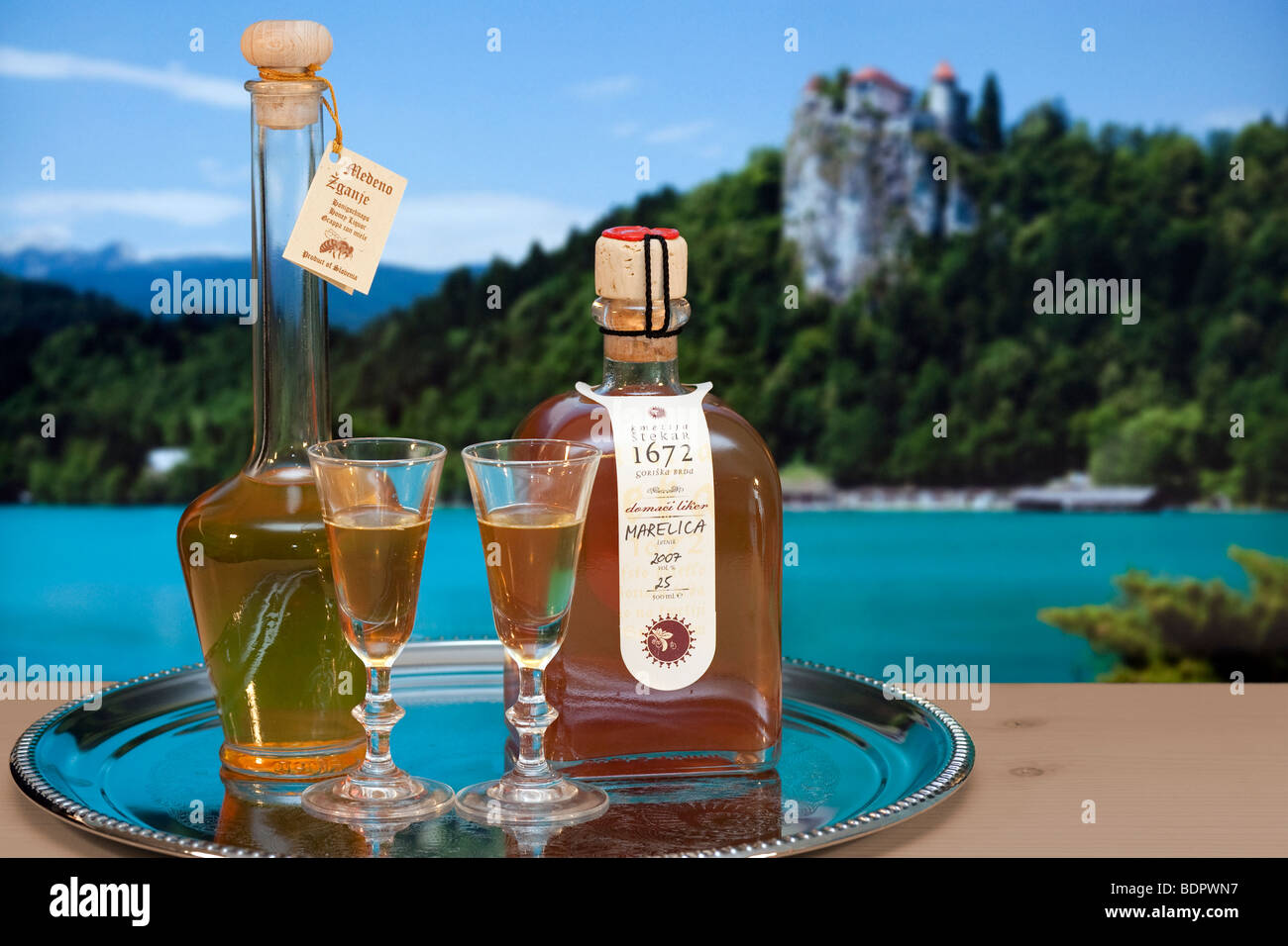 Slovenian schnapps: honey (medica) and apricot (marelica Stock Photo ...