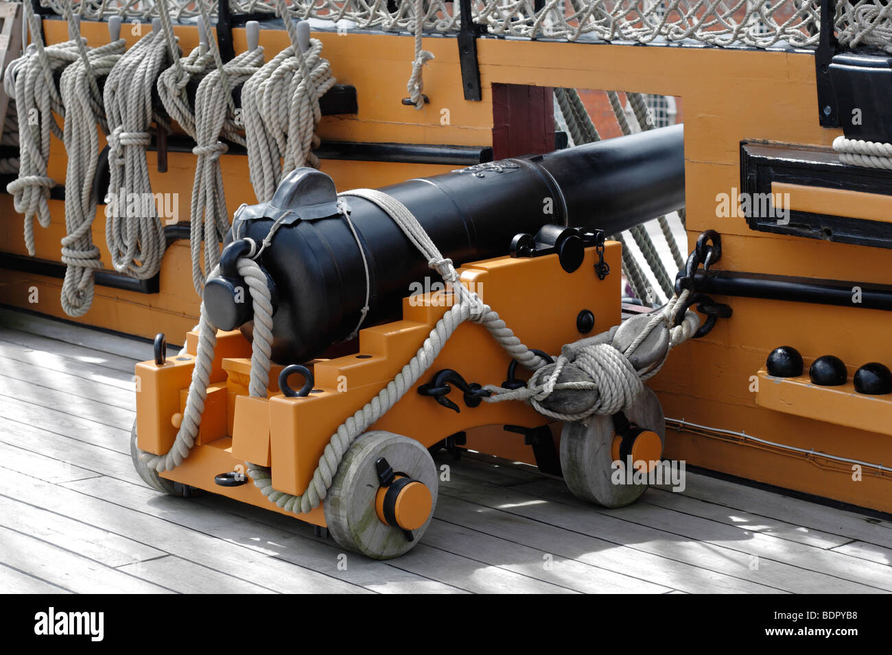 An artillery gun on the quarterdeck of HMS Victory, Nelson's flagship ...