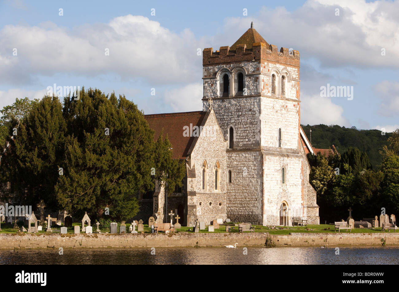 England, Berkshire, Bisham, Thames riverbank All Saints church with ...