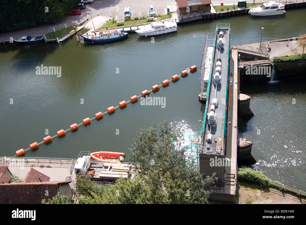 barrier sluice sunny aerial view lock island moored boats river medway ...