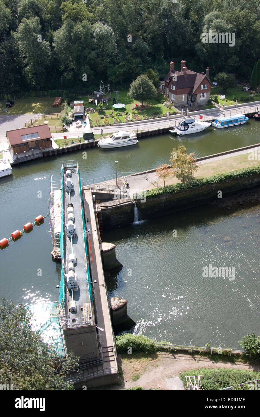 sluice sunny aerial view lock island moored boats river medway ...