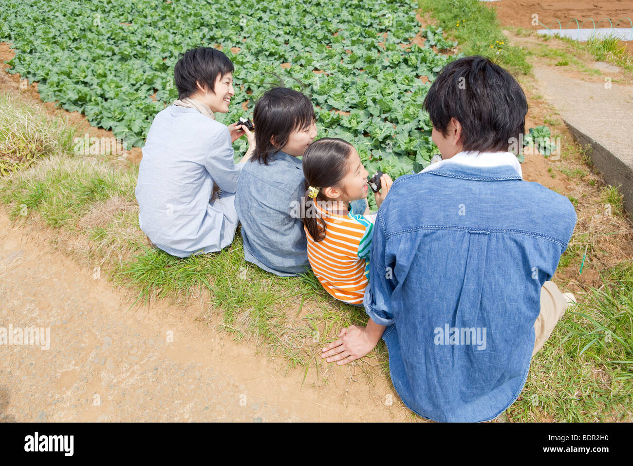 Family sitting on field Stock Photo - Alamy