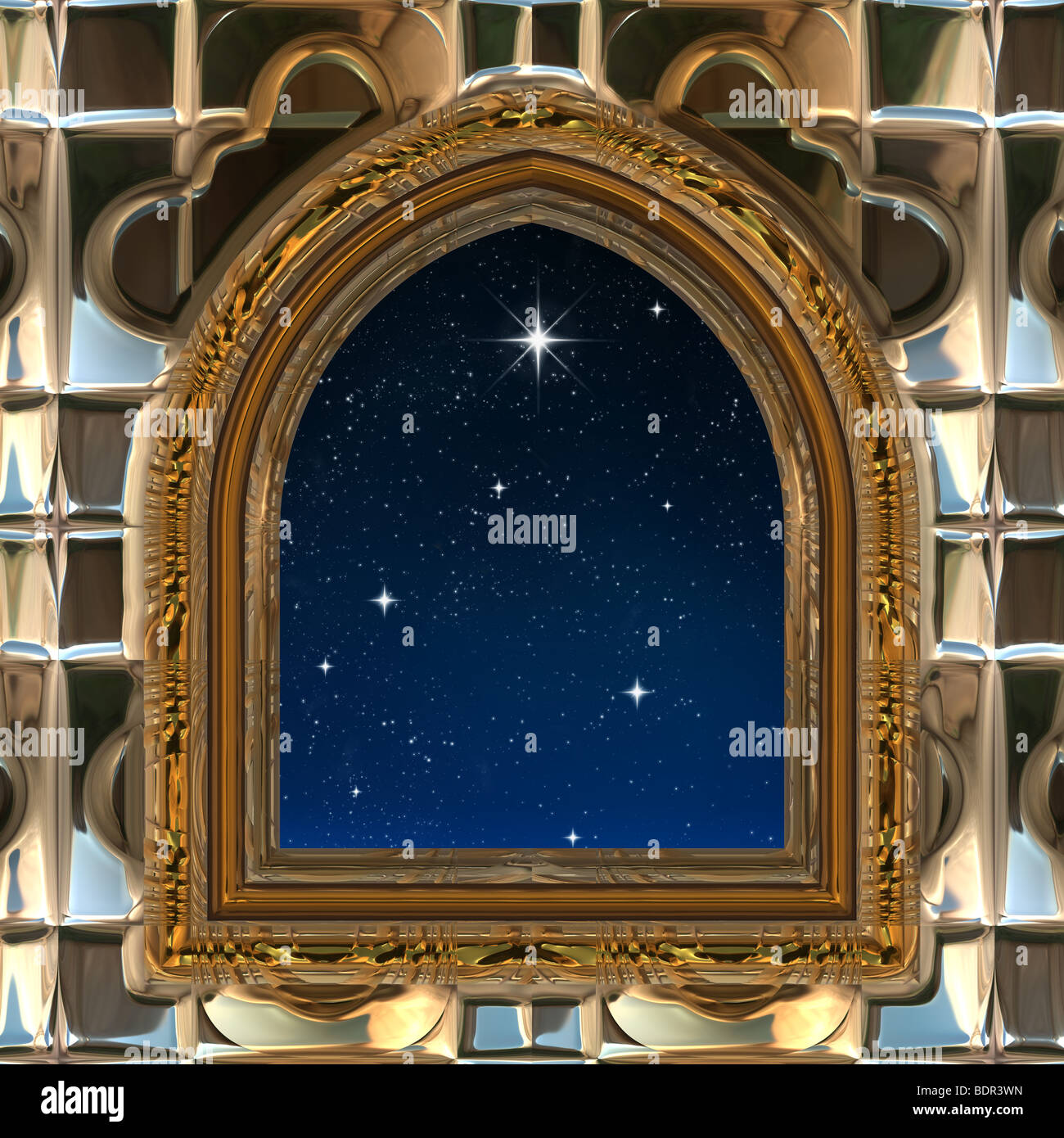 gothic or science fiction window looking into starry night sky with ...