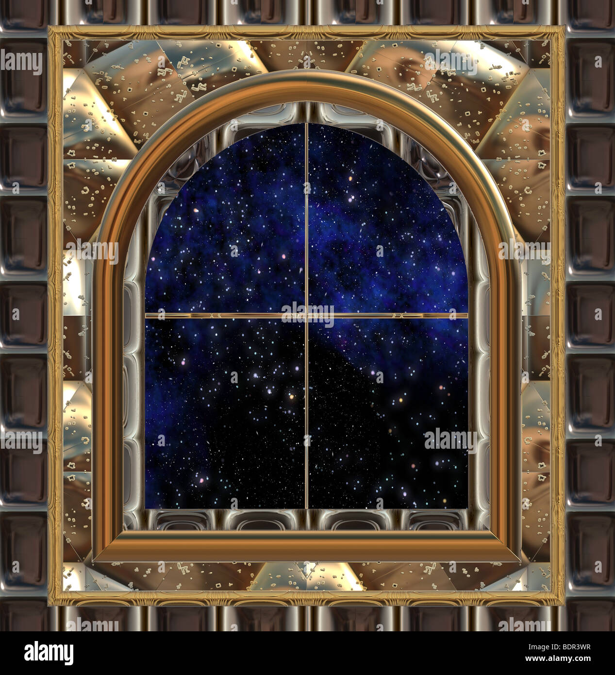 gothic or science fiction window looking into space or starry night sky ...