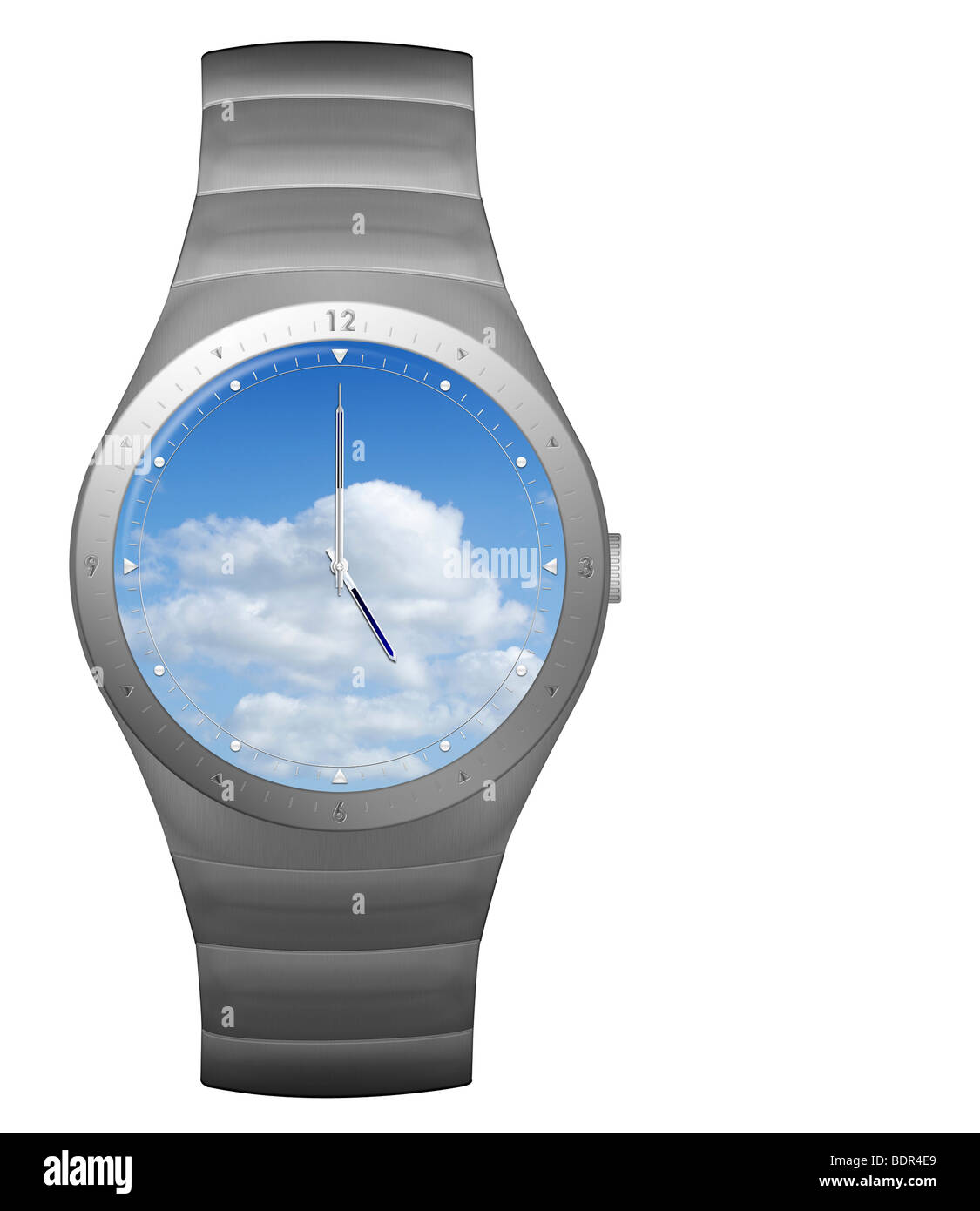five oclock finish time with wristwatch blue sky watch face Stock Photo ...