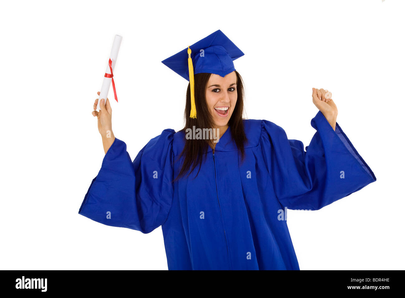 A female Caucasian in blue graduation gown and very excited. She is on ...