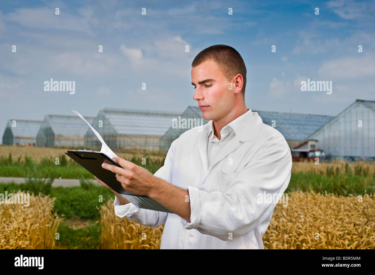 Agriculture scientist making notes in the field with greenhouses in ...