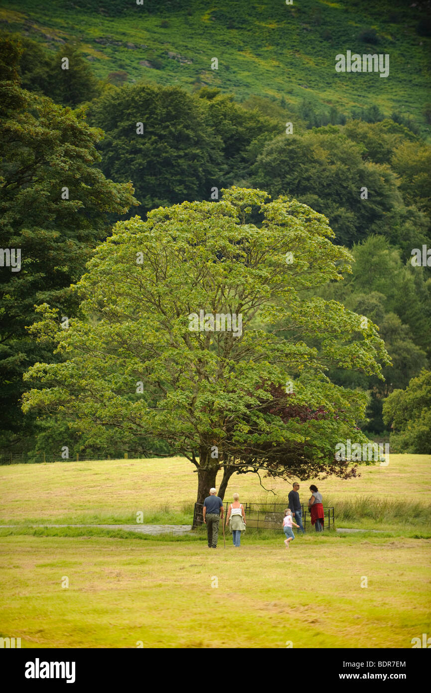 Tourists visiting the grave of Gelert at Beddgelert, Gwynedd, Snowdonia ...