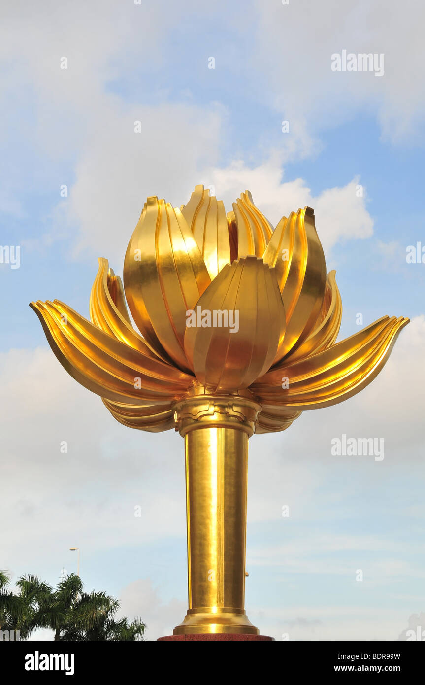 Monument bright tall stem shining golden lotus flower centre view hi ...