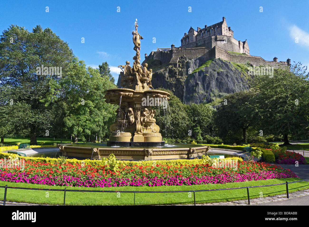 The golden Ross Fountain in West Princes Street Gardens, Edinburgh on a ...