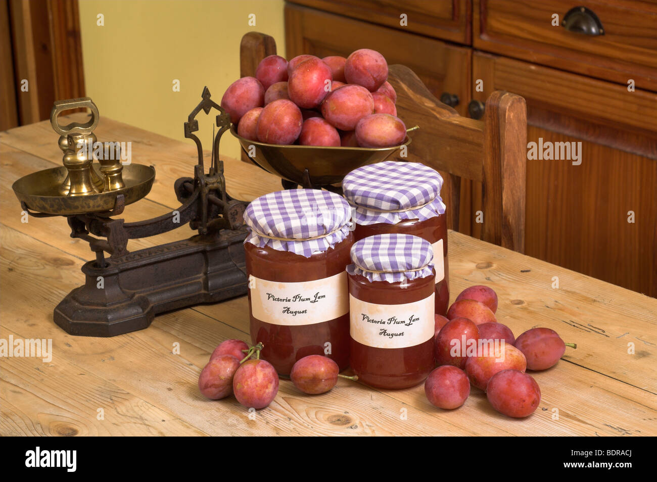 Jam making with Victoria Plums showing freshly gathered fruit and home ...