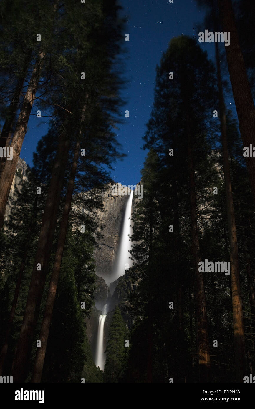 Upper and Lower Yosemite Falls illuminated by moonlight, Yosemite ...
