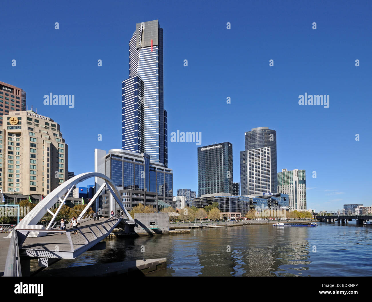 Southgate footbridge and high rise buildings on south bank of Yarra ...