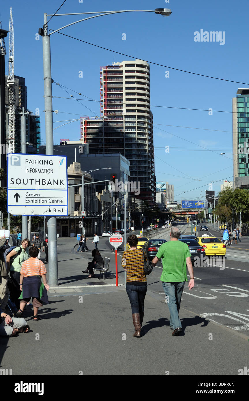 Queensbridge Street Melbourne Australia with signs pedestrians and ...