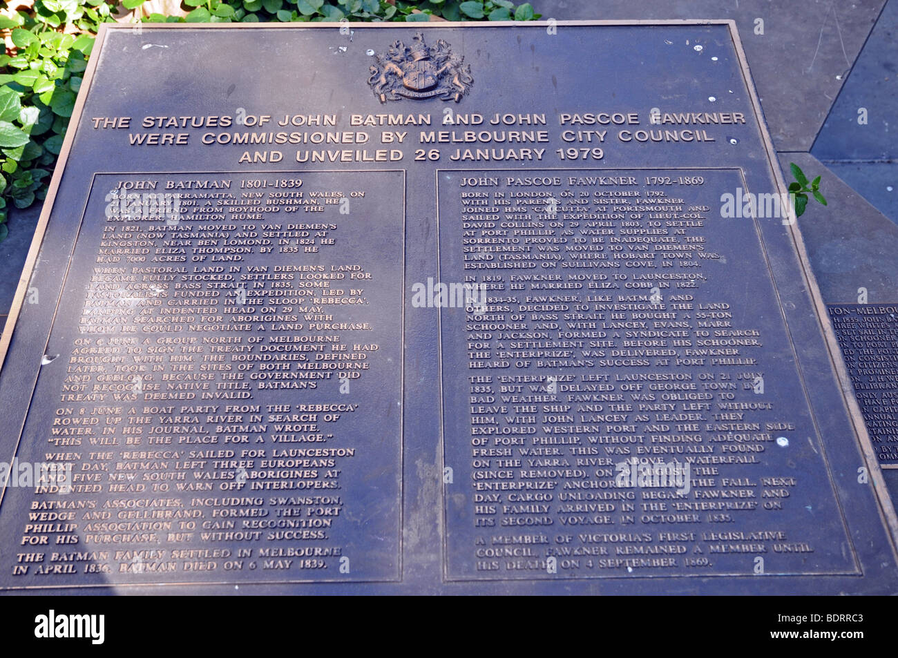 Plaque commemorating John Batman and John Pascoe Fawkner on Southbank ...