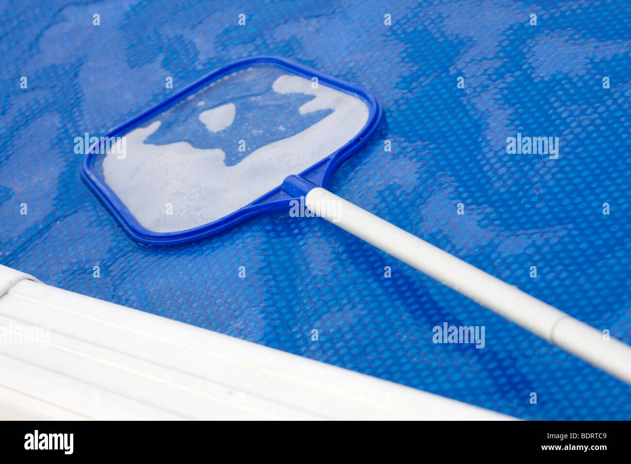 Cleaning net on a solar cover of a pool Stock Photo - Alamy
